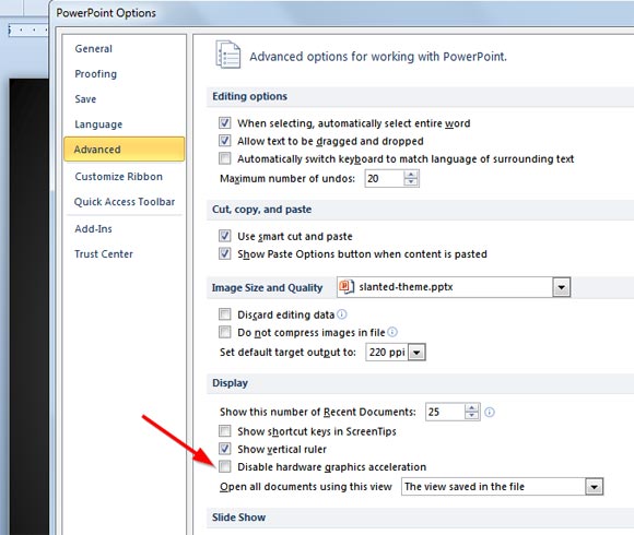 Power Point has detected that your graphics card may not be configured ...